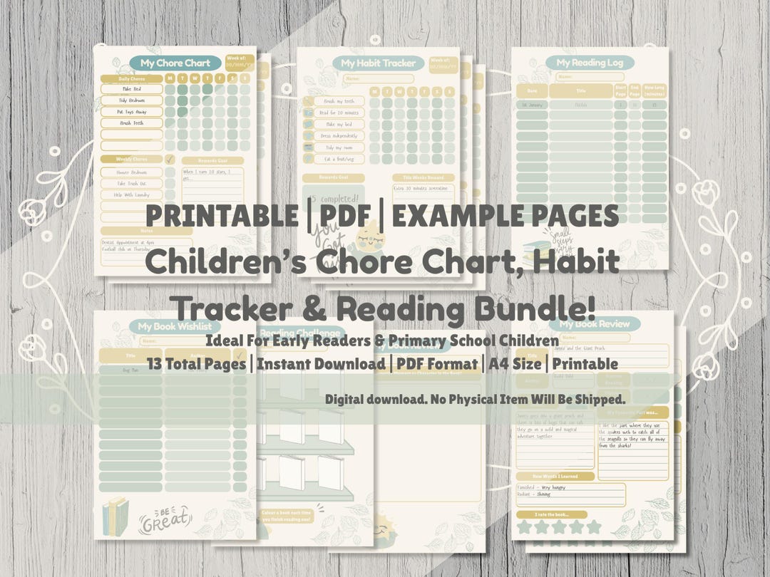 Kids Chore Chart Bundle, Habit Tracker, Reading Log (A4 Printable PDF ...