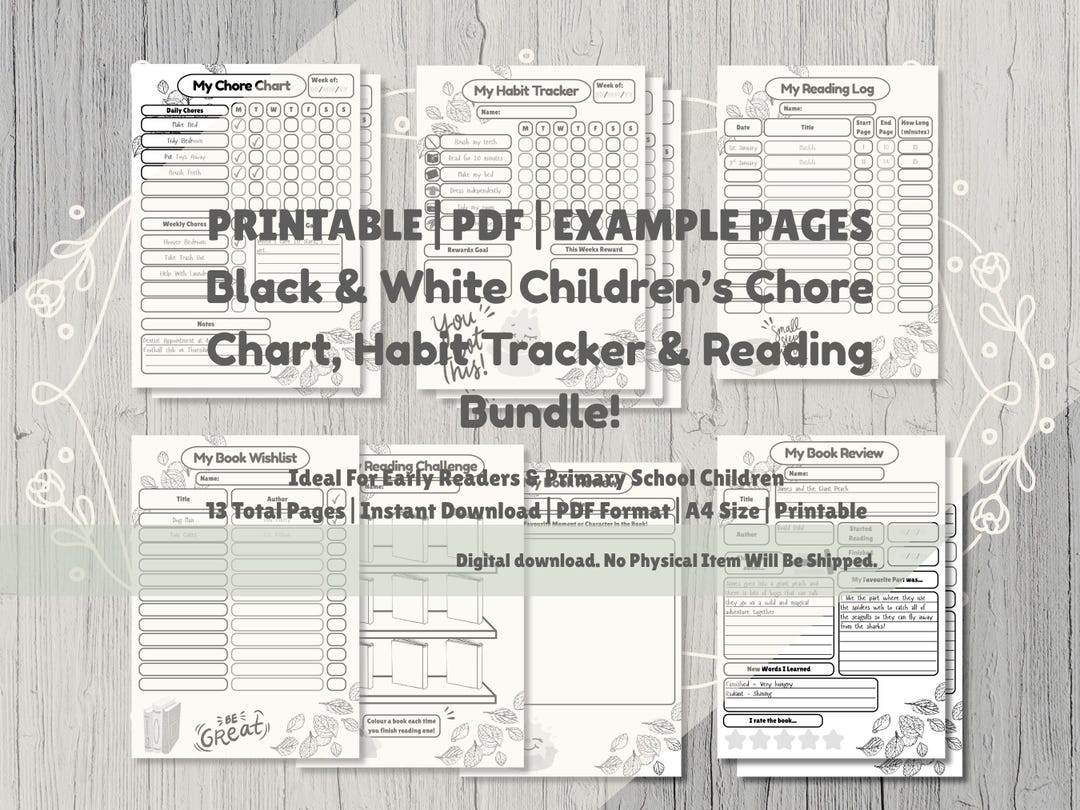 Kids Chore Chart Bundle, Habit Tracker, Reading Log - Black & White (A4 ...