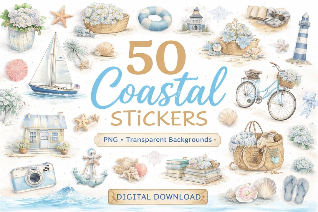 Coastal Digital Stickers PNG Bundle 50 Beach Clipart Transparent ...