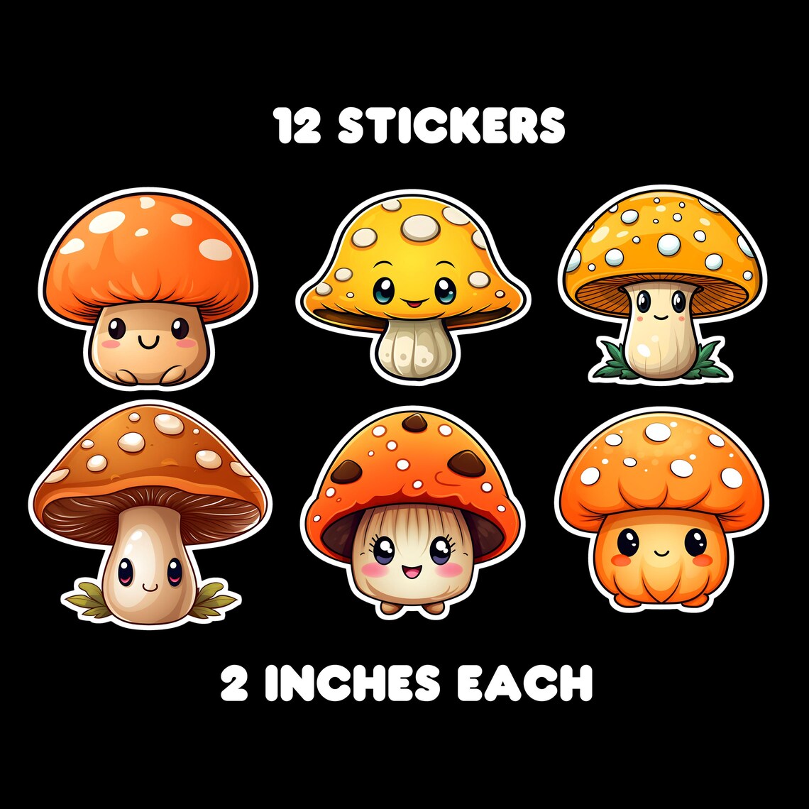 Orange Mushrooms (mushiez) Laminated Sticker Set - 12 Count 2 Inches ...