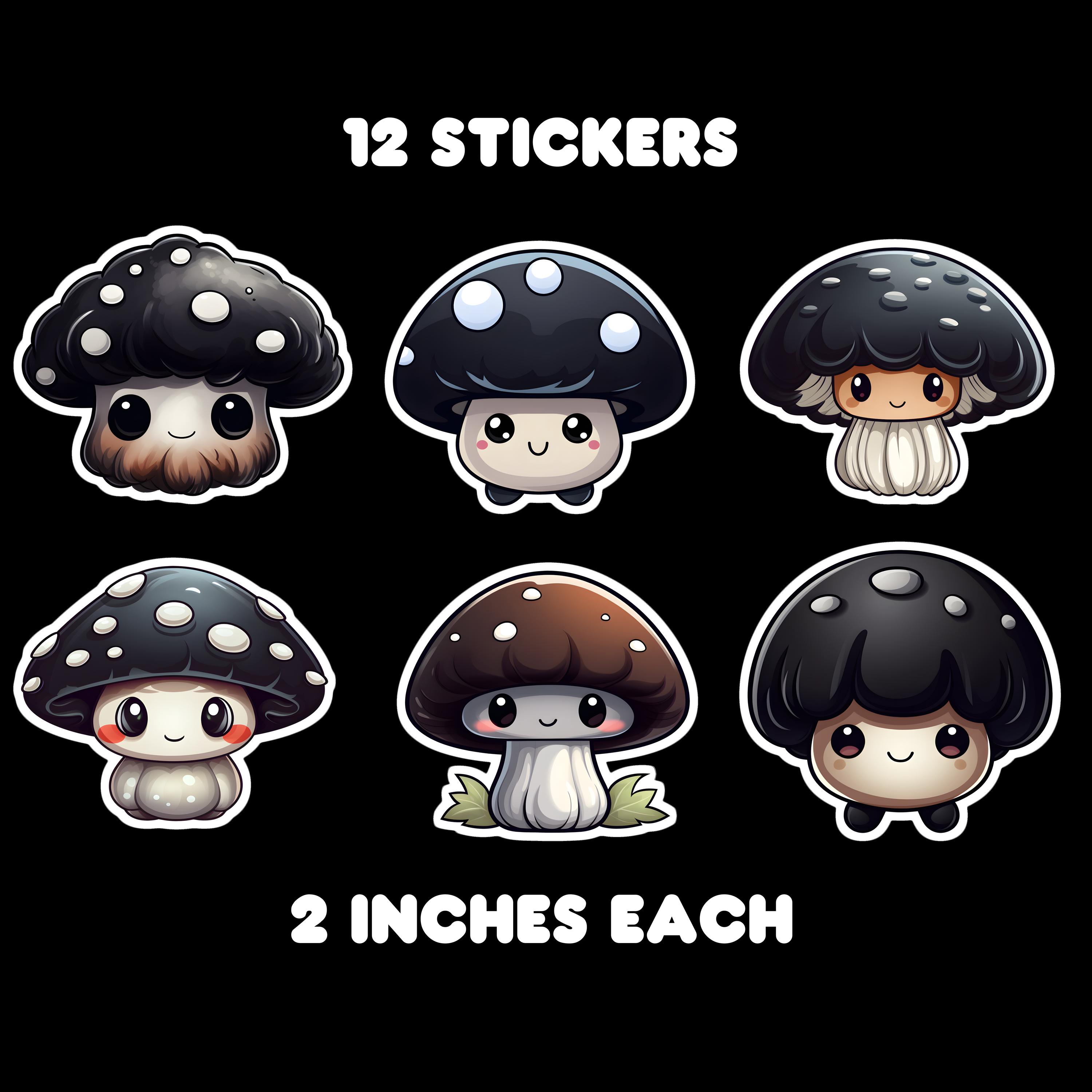 Black Mushrooms (mushiez) Laminated Sticker Set - 12 Count 2 Inches ...