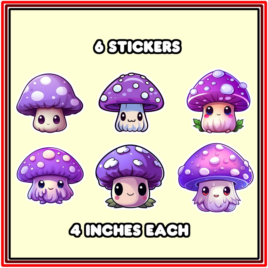 Purple Mushrooms (mushiez) Laminated Sticker Set - 6 Count 4 Inches ...
