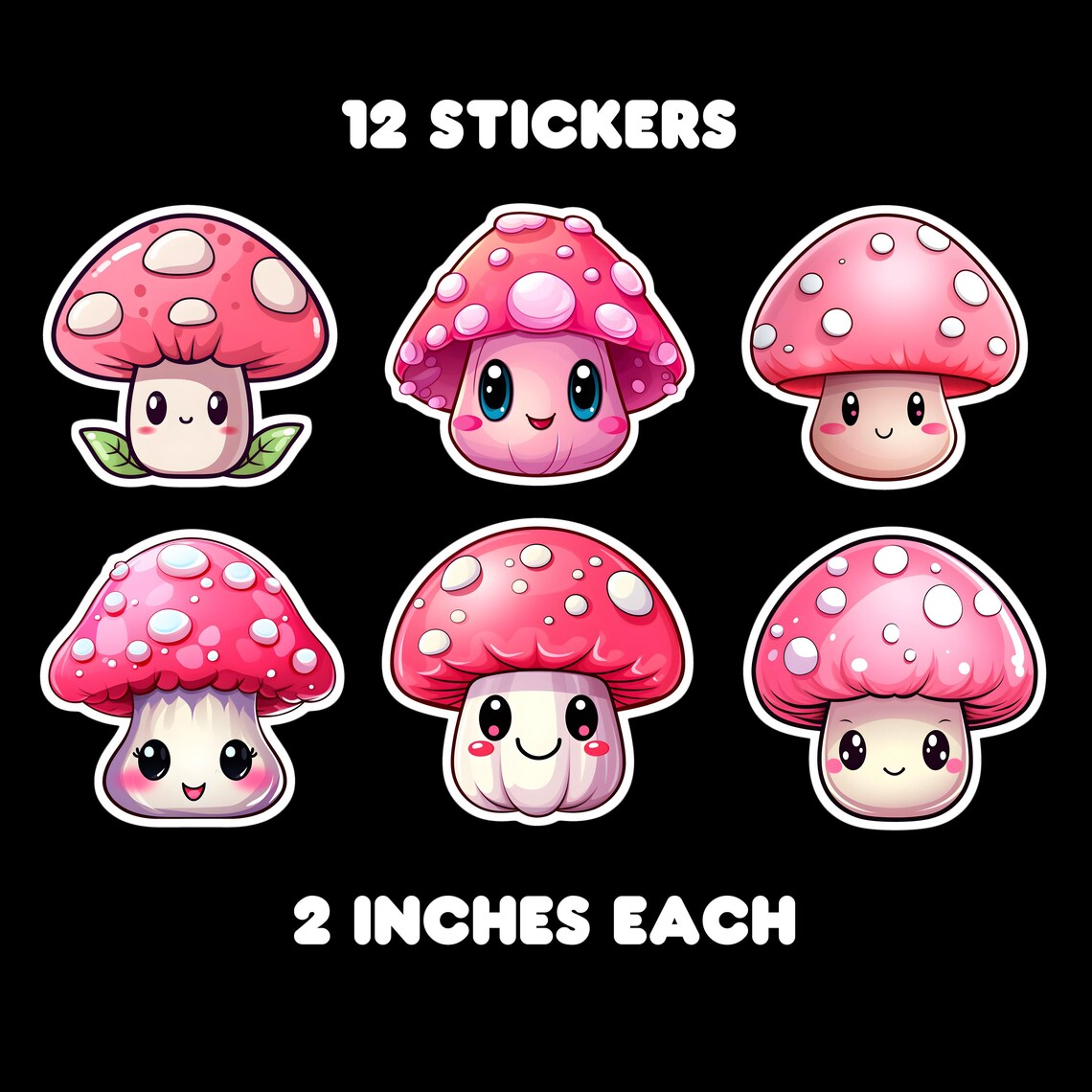 Pink Mushrooms (mushiez) Laminated Sticker Set - 12 Count 2 Inches Each ...