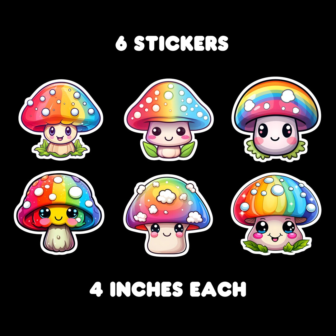 Rainbow Mushrooms (mushiez) Laminated Sticker Set - 6 Count 4 Inches ...