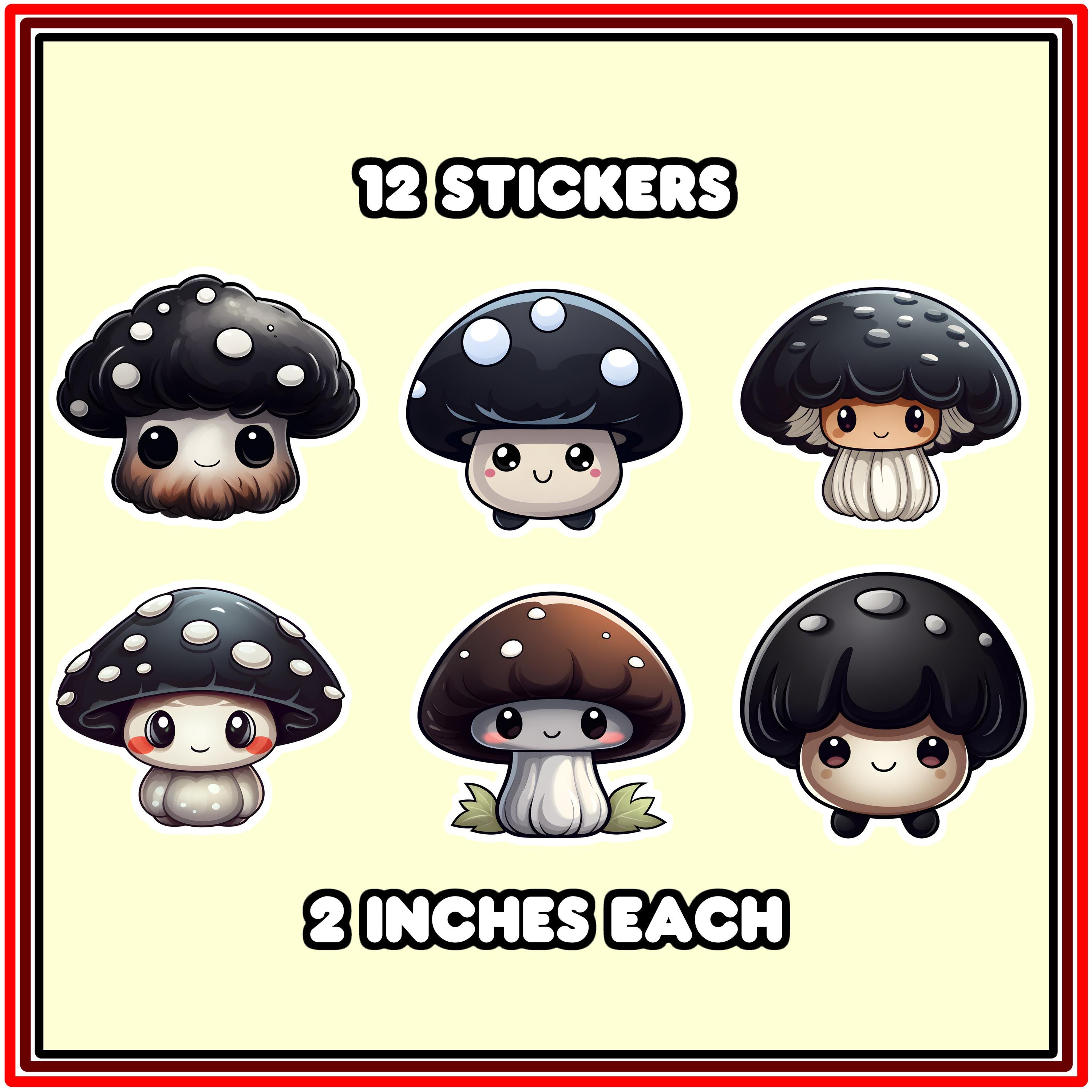 Black Mushrooms (mushiez) Laminated Sticker Set - 12 Count 2 Inches ...