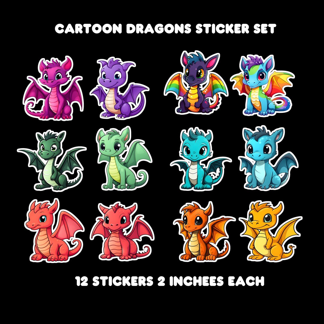 Cartoon Dragons Sticker Set - 12 Stickers 2 Inches Each - Etsy