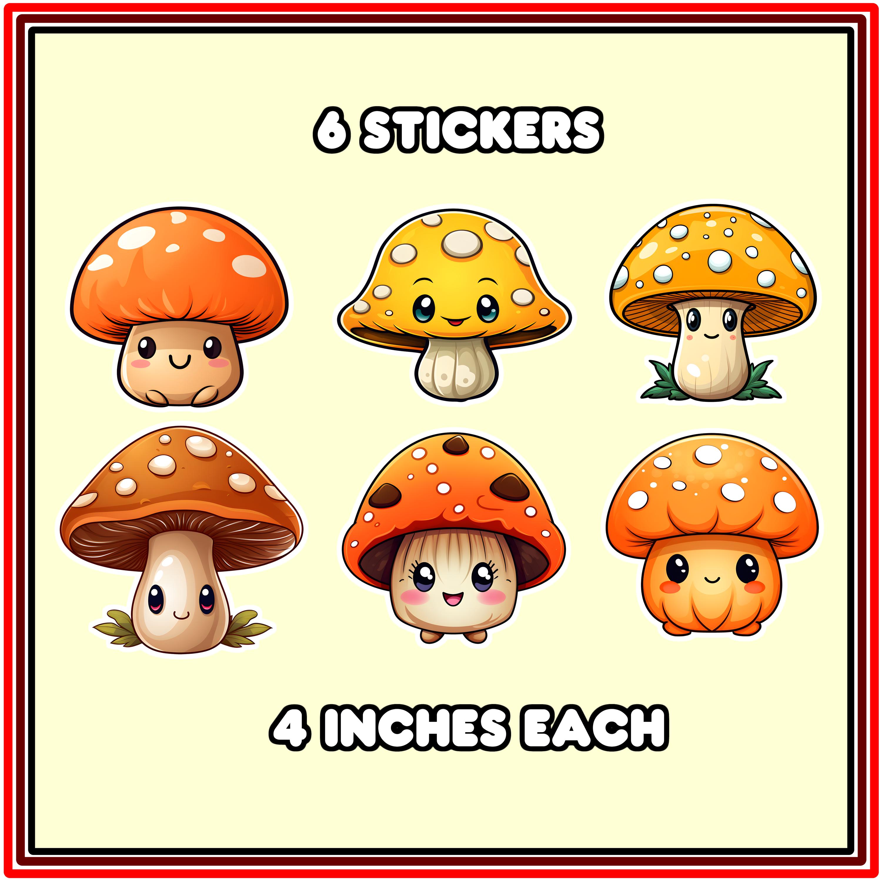 Orange Mushrooms (mushiez) Laminated Sticker Set - 6 Count 4 Inches ...