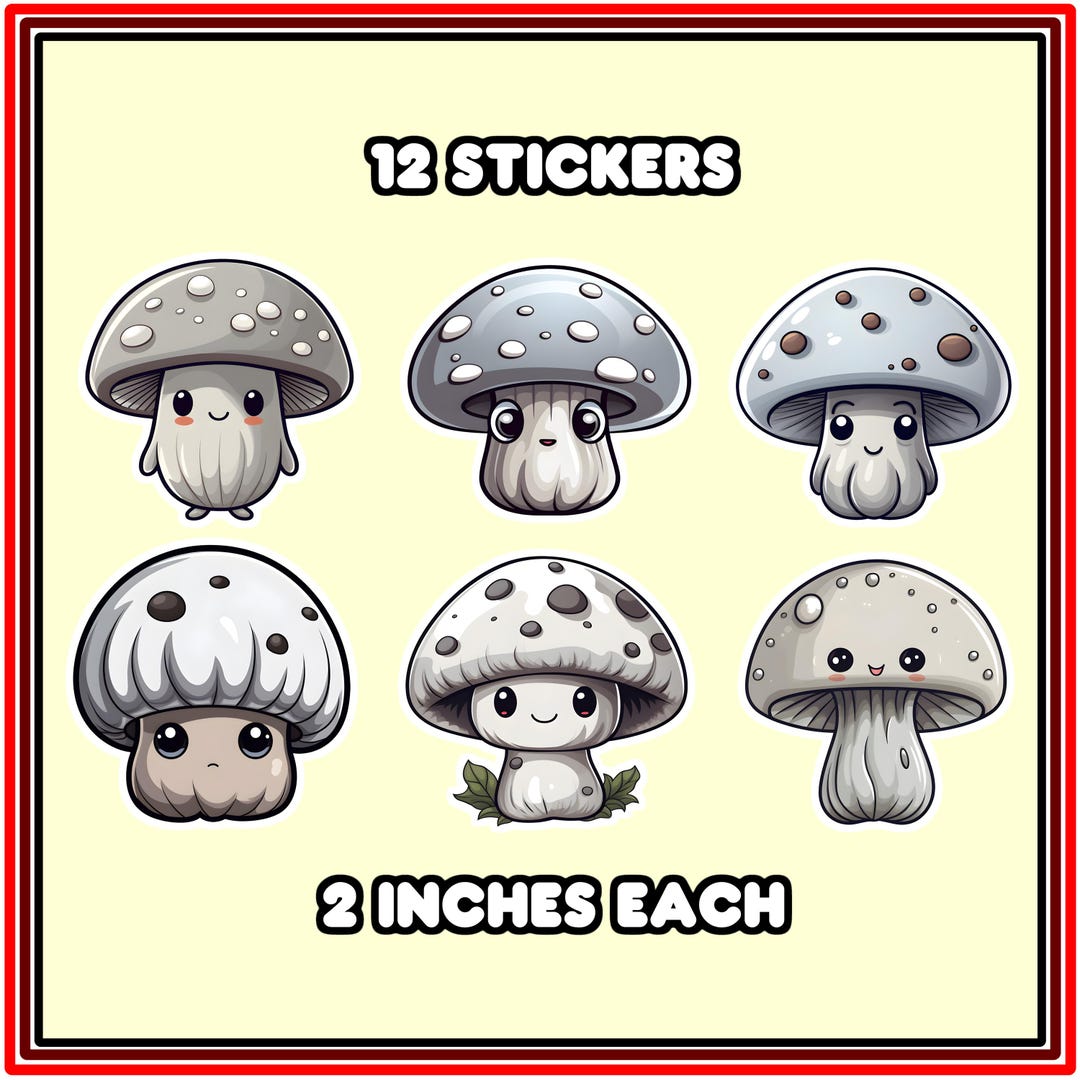 Grey Mushrooms (mushiez) Laminated Sticker Set - 12 Count 2 Inches Each ...