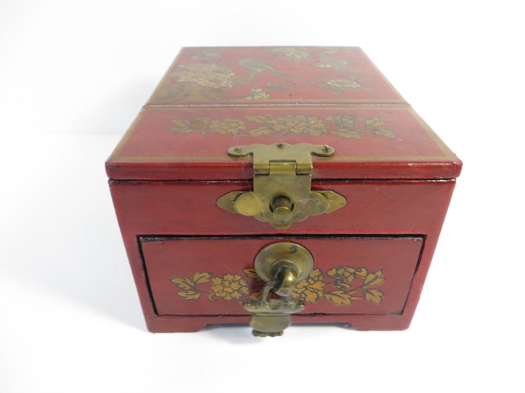 Vintage Chinese Red Lacquer Wood Jewelry Chest - Ornate Wood Brass ...