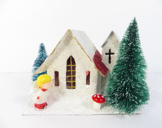 Vintage White Glitter Angel Putz Church House - Made in Japan Putz ...