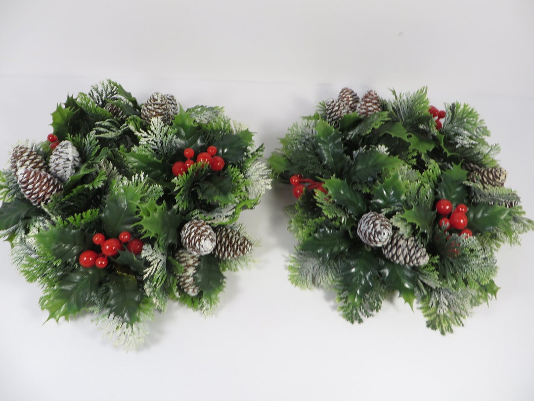 Vintage Plastic Holly, Pine Cones and Red Berries Candle Rings - 2 ...