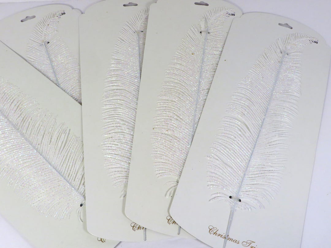 Vintage Plastic Glittered Feather Floral Picks - White Glittered ...