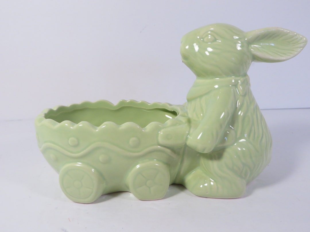 Vintage Green Pottery Rabbit Planter Vase Candy Dish - Mid Century ...