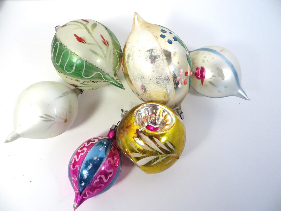 Vintage Christmas Teardrop Round Ornaments Set of 6 Handblown Glass ...