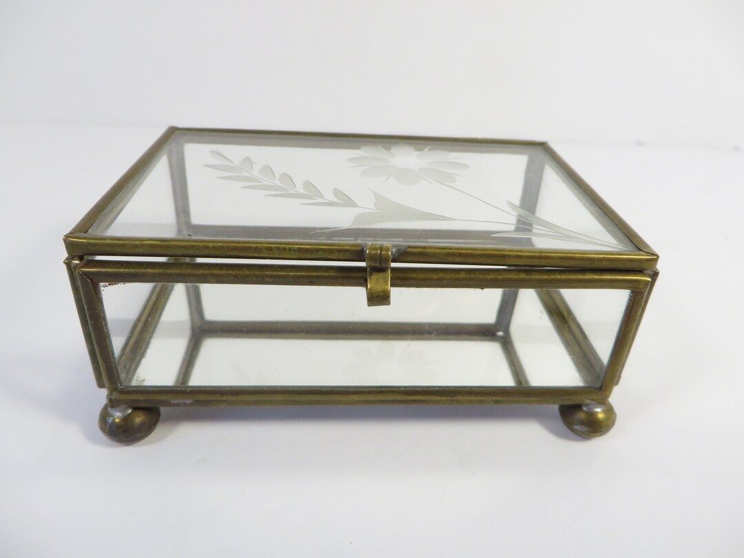 Vintage Glass Brass Box Etched Flower Lid - Etsy