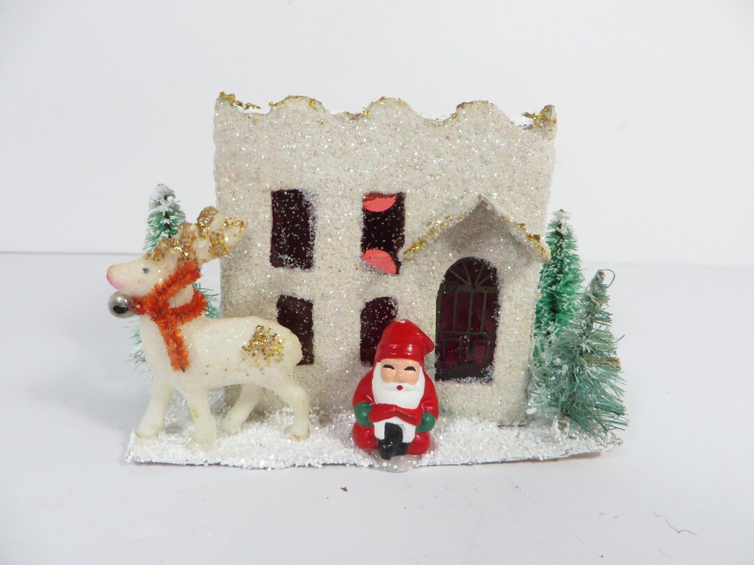 Vintage White Glitter Putz House Putz House Snowman Reindeer - Etsy
