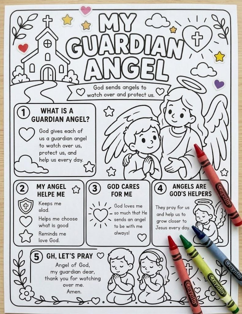 Guardian Angel Coloring Page for Kids | Printable Prayer Worksheet ...