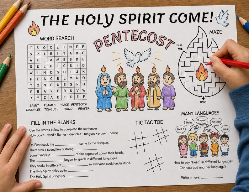 Pentecost Activity Placemat, Holy Spirit Comes Coloring Page for Kids ...