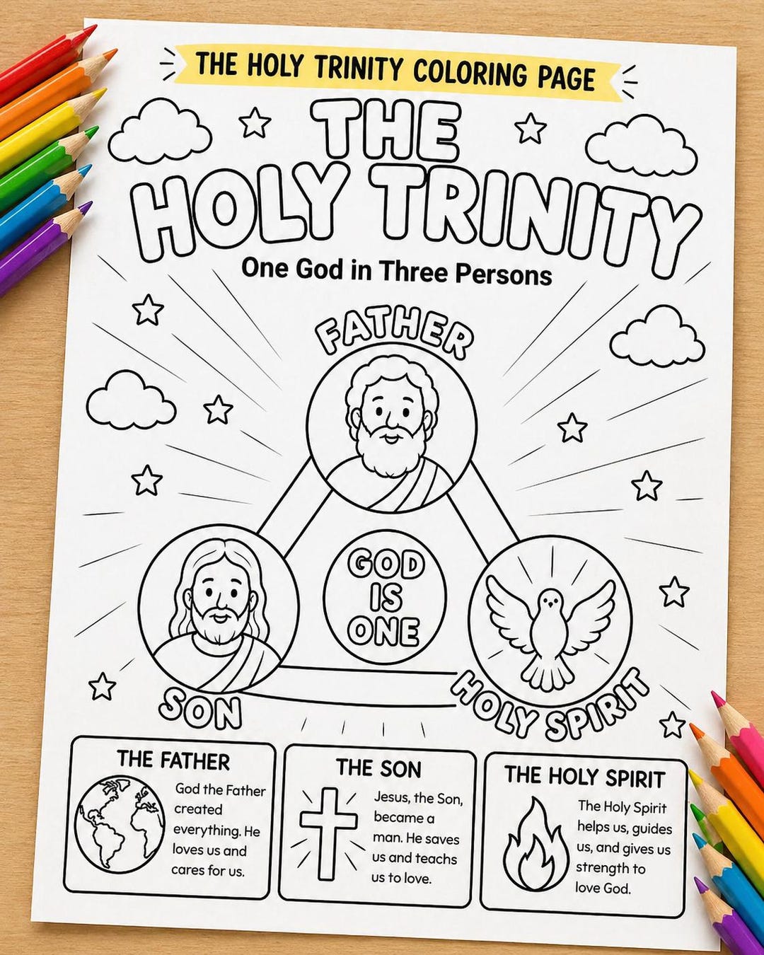 Holy Trinity Coloring Page for Kids | Father Son Holy Spirit Worksheet ...