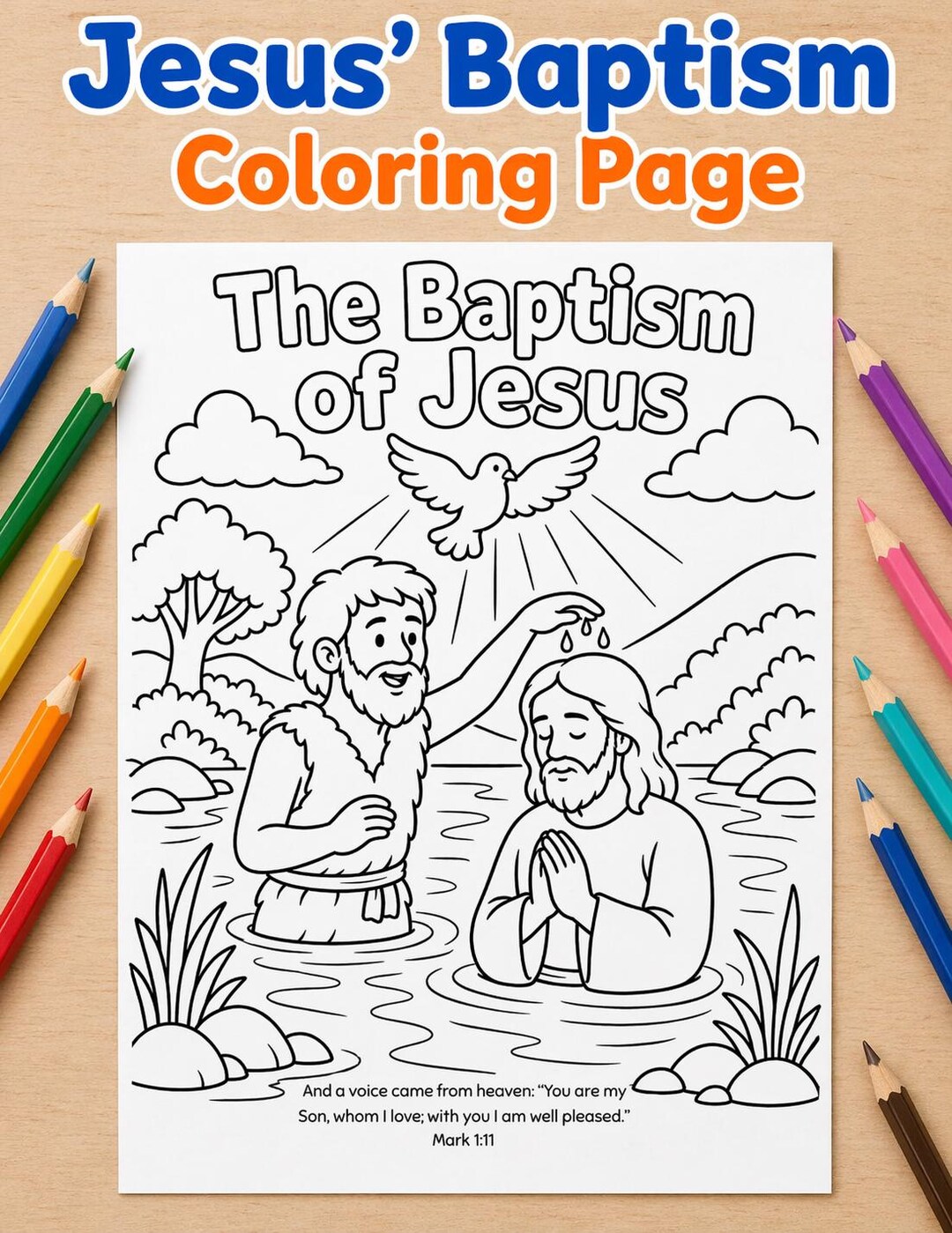The Baptism of Jesus Coloring Page, Bible Story Printable for Kids ...