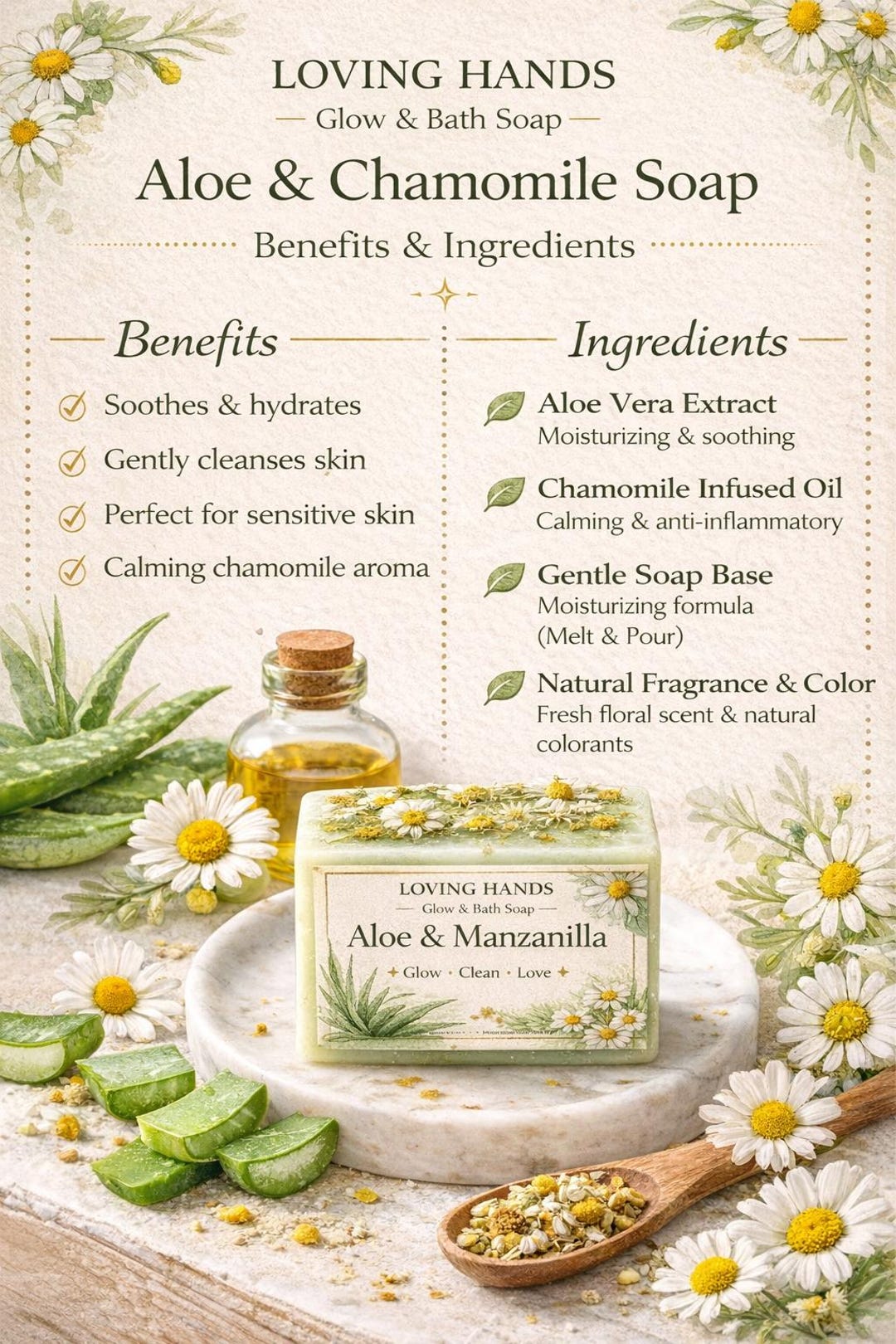 Loving Hands Glow & Bath | Homemade Soap Bar -aloe and Chamomile - Etsy