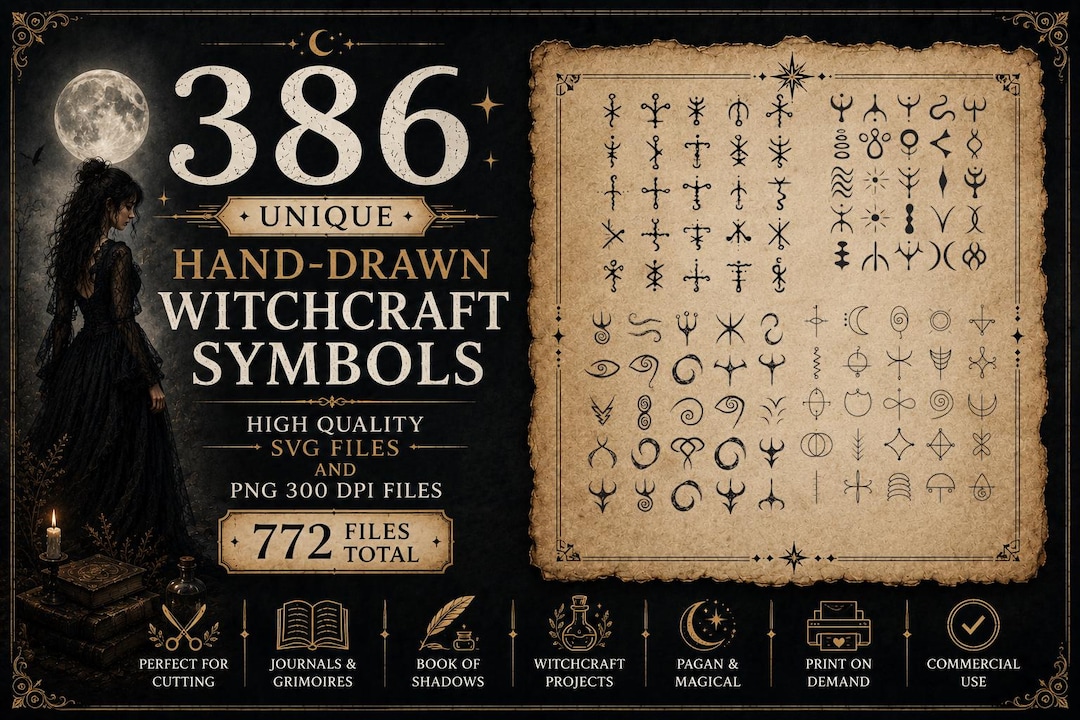 Pagan Witchcraft Hand Drawn Symbols SVG Bundle | Pagan Grimoire Glyphs ...