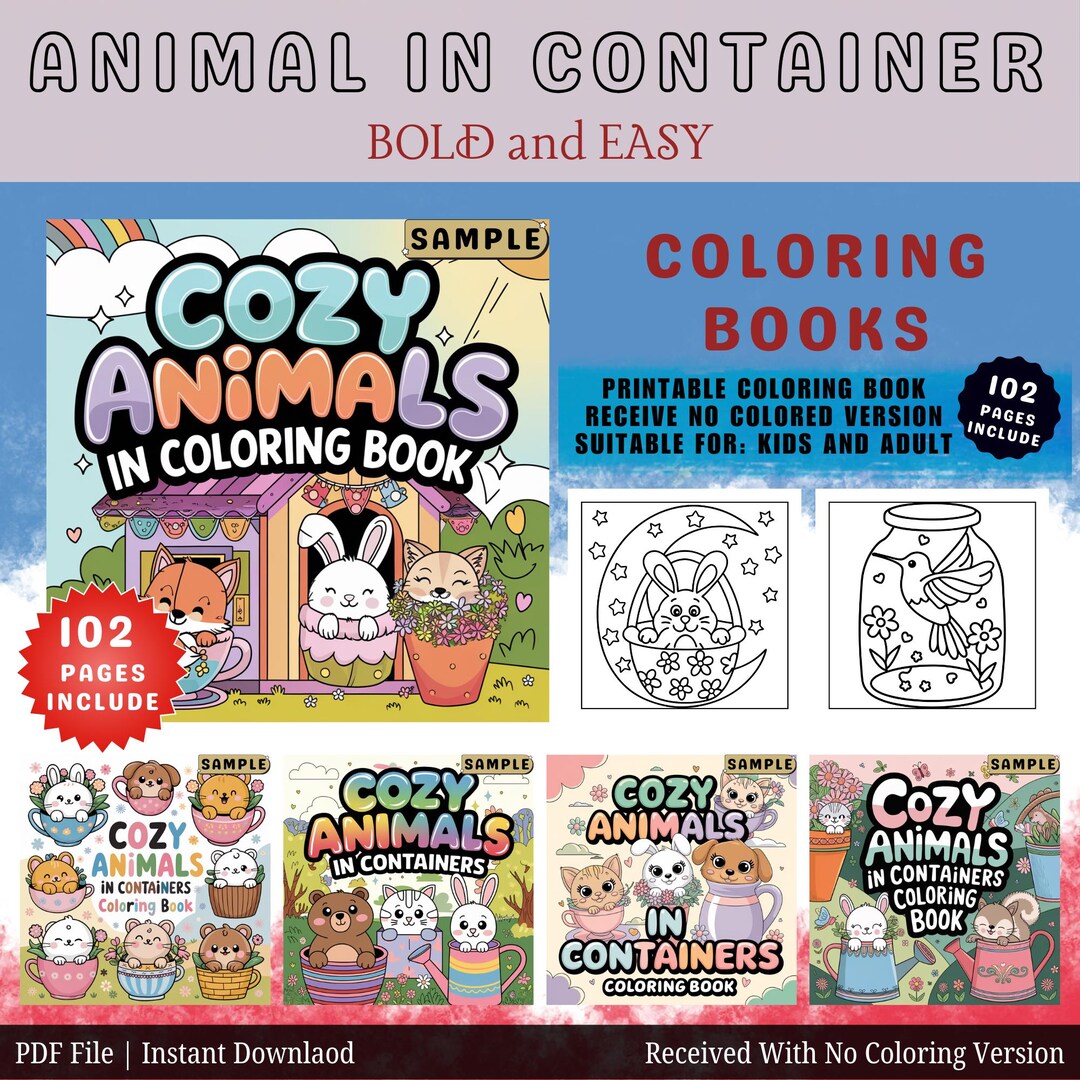 Animal in Container Coloring Book – Bold & Easy Designs, 102 Pages (PDF ...