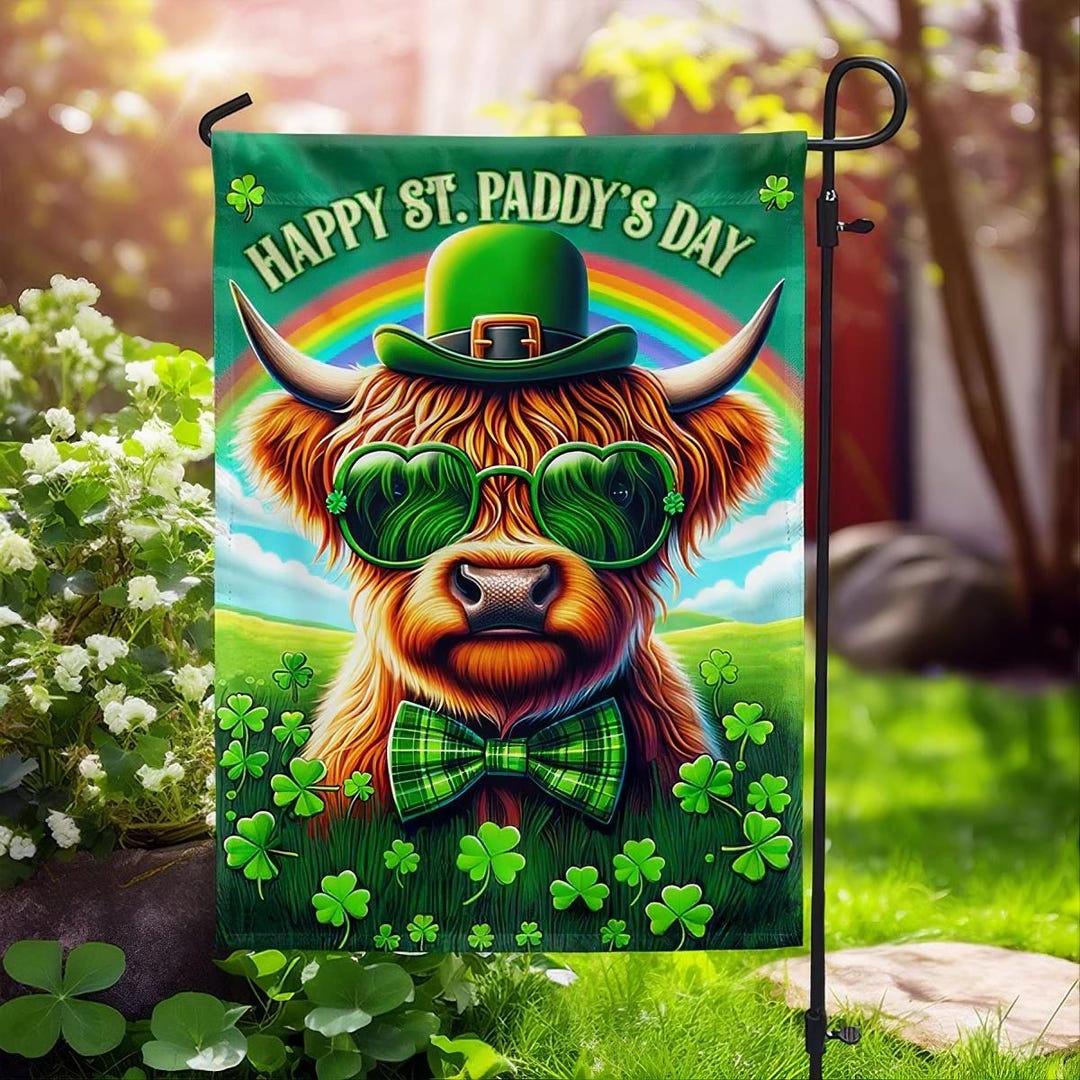 Happy St. Paddy's Day Highland Cow Garden Flag - Lucky Shamrock Rainbow ...