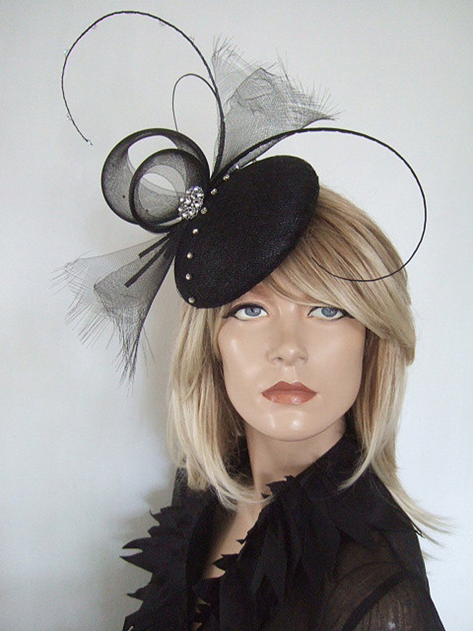 Black Quills and Crystals Button Fascinator Headpiece Hat | Etsy