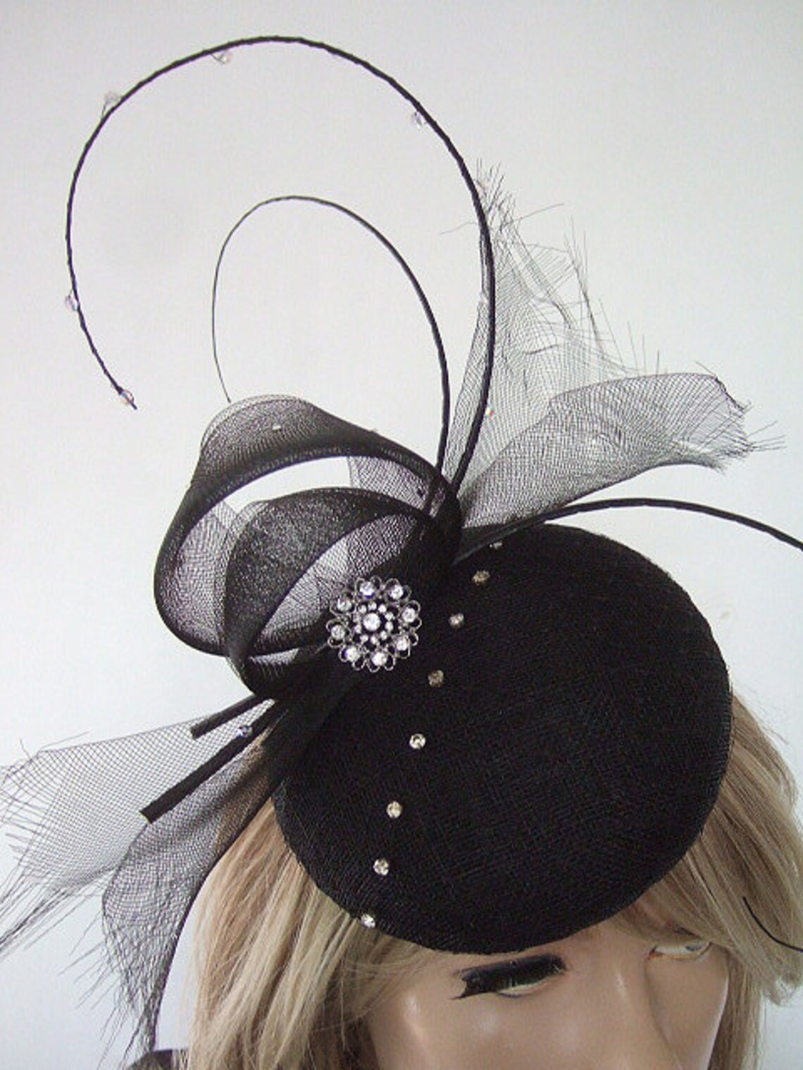 Black Quills and Crystals Button Fascinator Headpiece Hat | Etsy