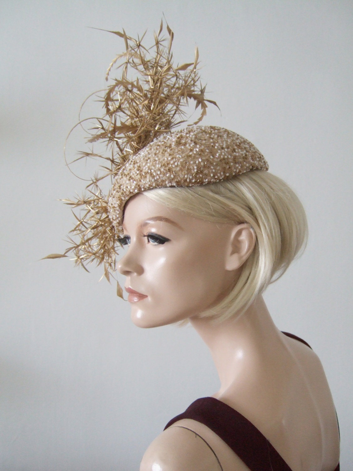Gold White Silk Beaded Curled Feather Branch Beret Headpiece | Etsy