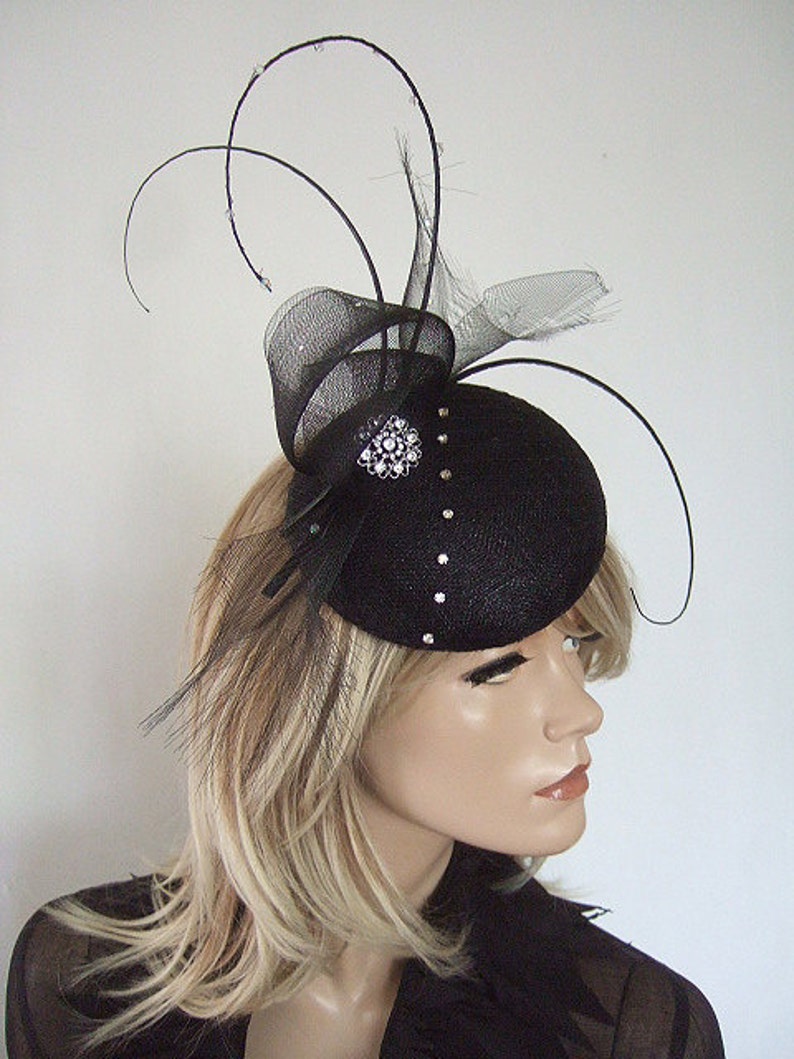 Black Quills and Crystals Button Fascinator Headpiece Hat | Etsy