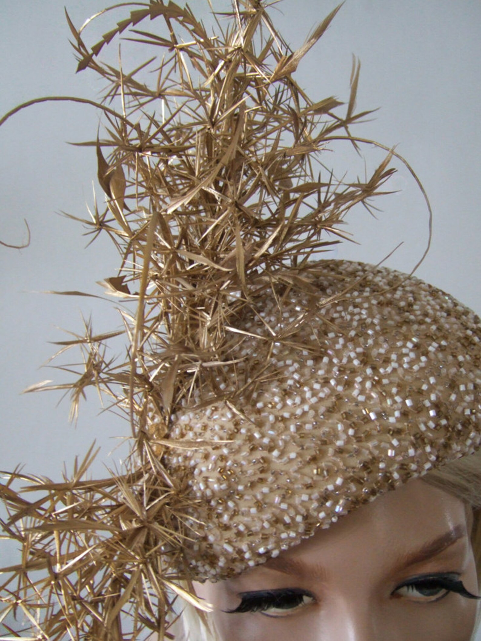 Gold White Silk Beaded Curled Feather Branch Beret Headpiece | Etsy
