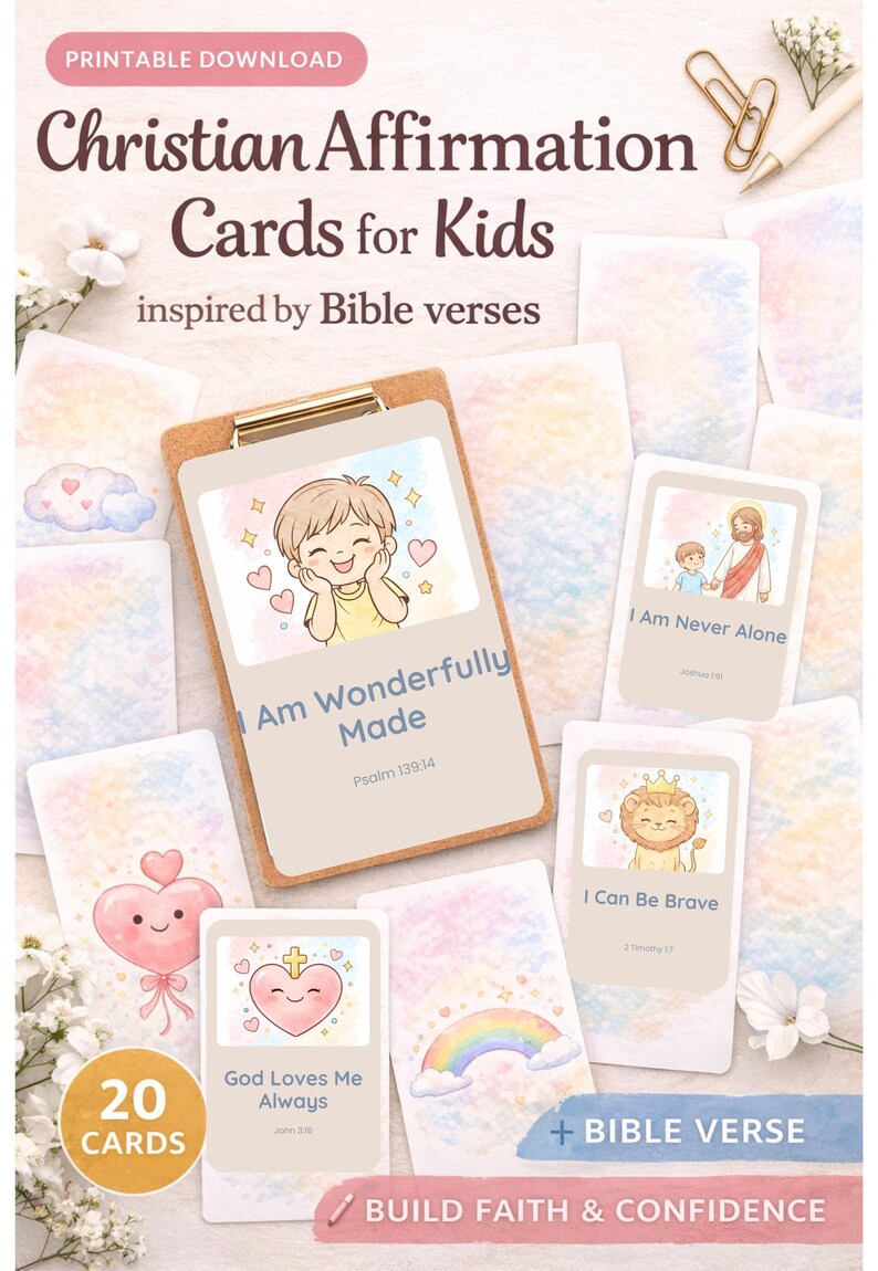 Christian Affirmation Cards for Kids – 20 Bible Verse Cards (digital ...