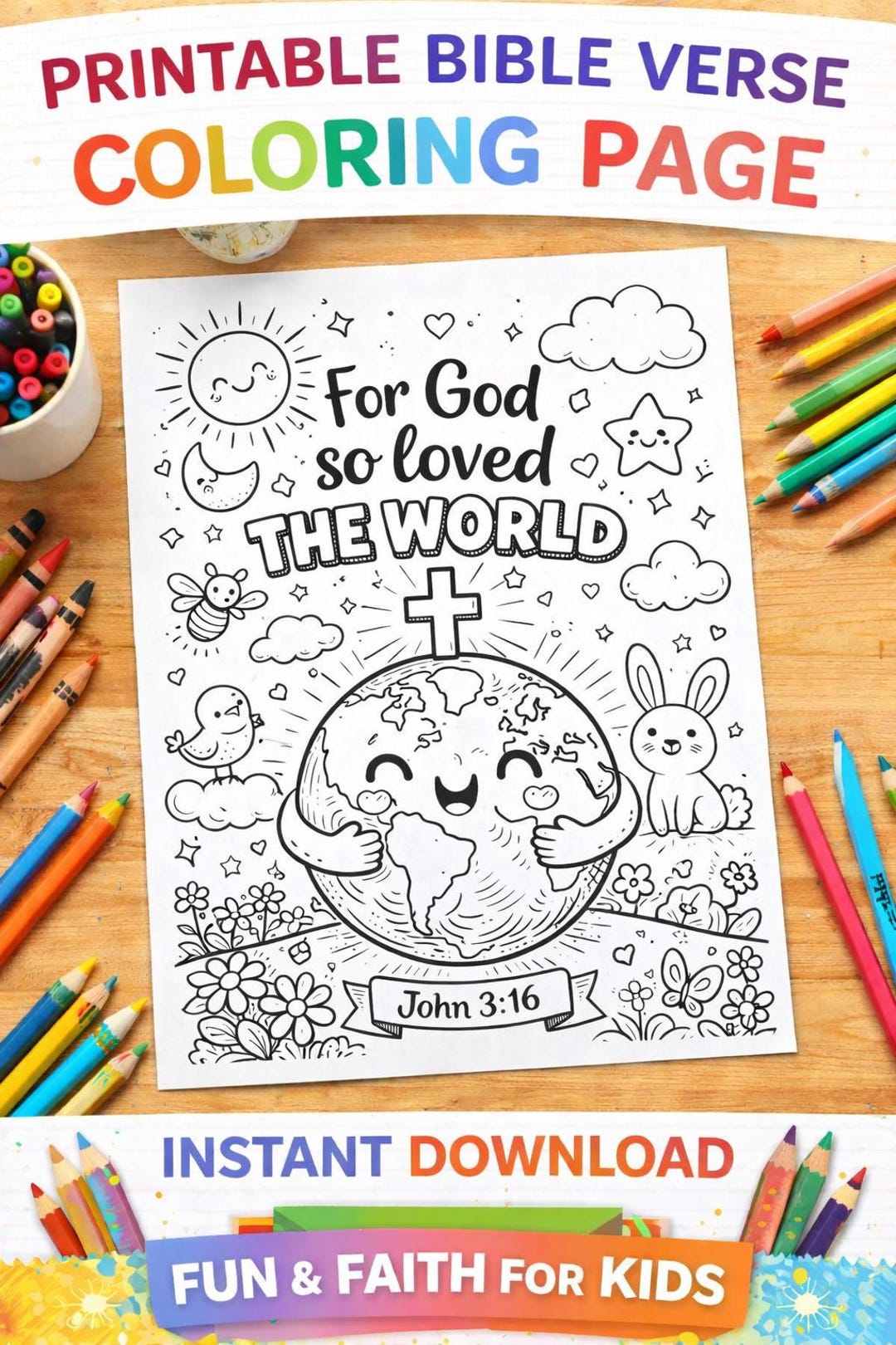 John 3:16 Bible Verse Coloring Page, Kids Sunday School (digital ...