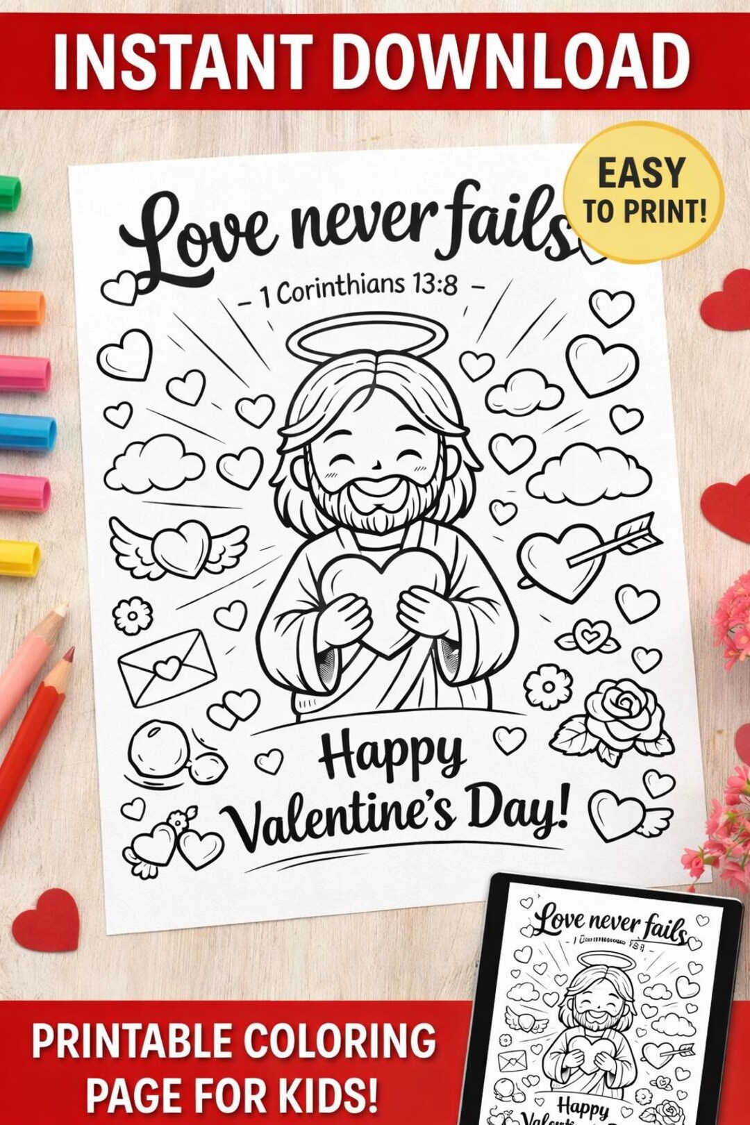 Christian Valentine Coloring Page | Jesus, 1 Corinthians 13:8 (PDF ...