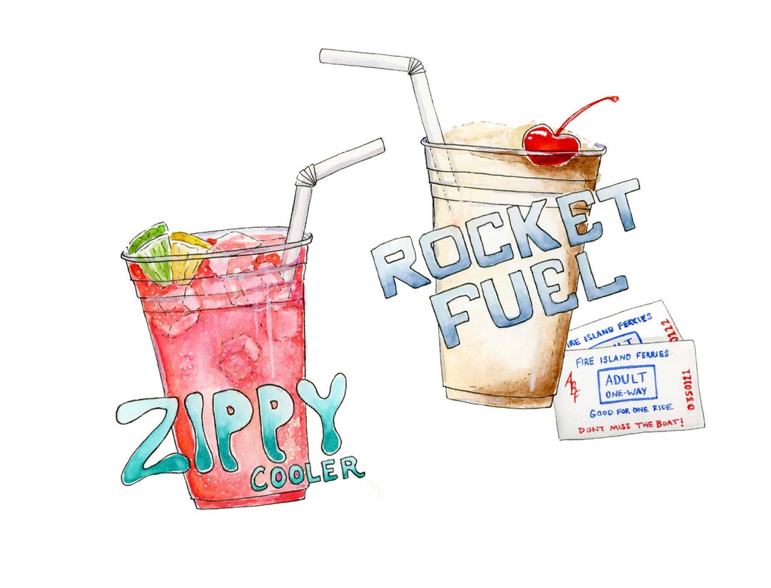 Fire Island, NY - Zippy and Rocket Fuel Cocktail Watercolor Print - Etsy