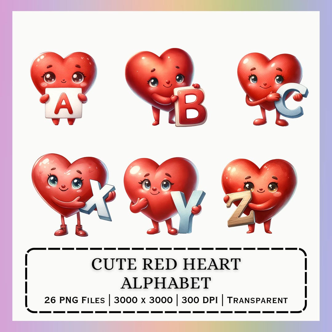 Red Heart Alphabet Clipart: Valentine Letters (PNG Download - Etsy