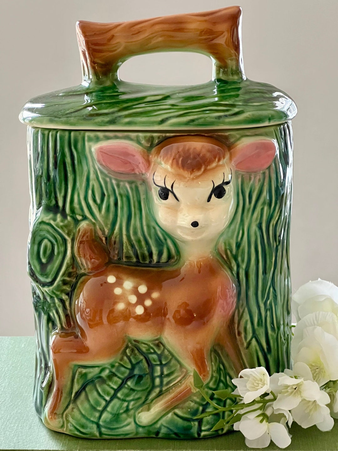 Vintage American Ceramic Bambi Deer Green Cookie Jar / Kitchen Storage ...