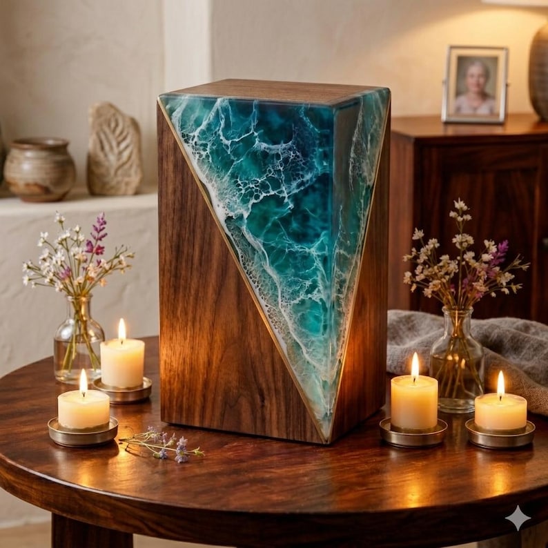 Handmade Walnut Wood Ocean Wave Resin Memorial Urn | Large Adult ...