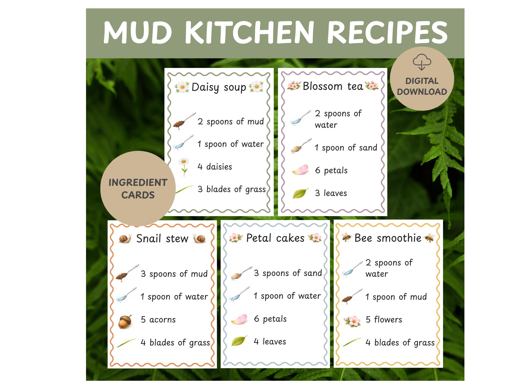 Mud Kitchen Recipe Ingredient Cards Printable, Forest School, Nature ...