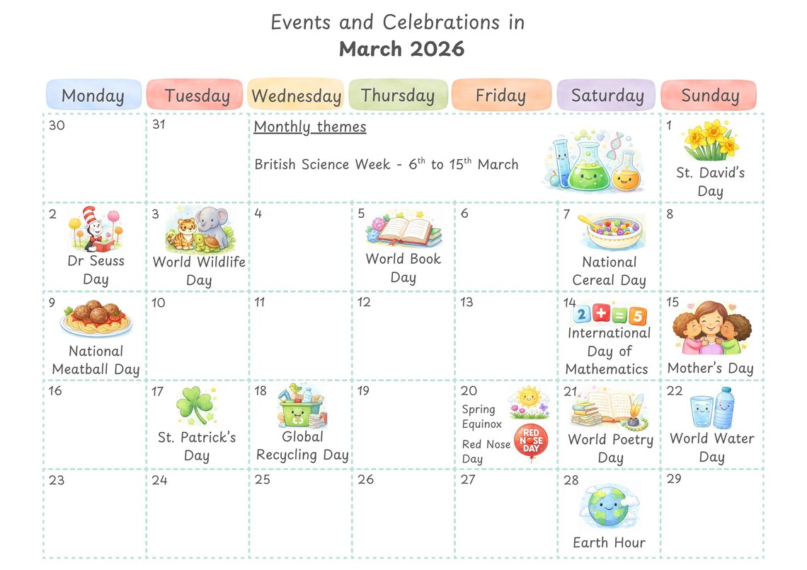Children’s March 2026 Events Calendar | Preschool EYFS Visual Calendar ...