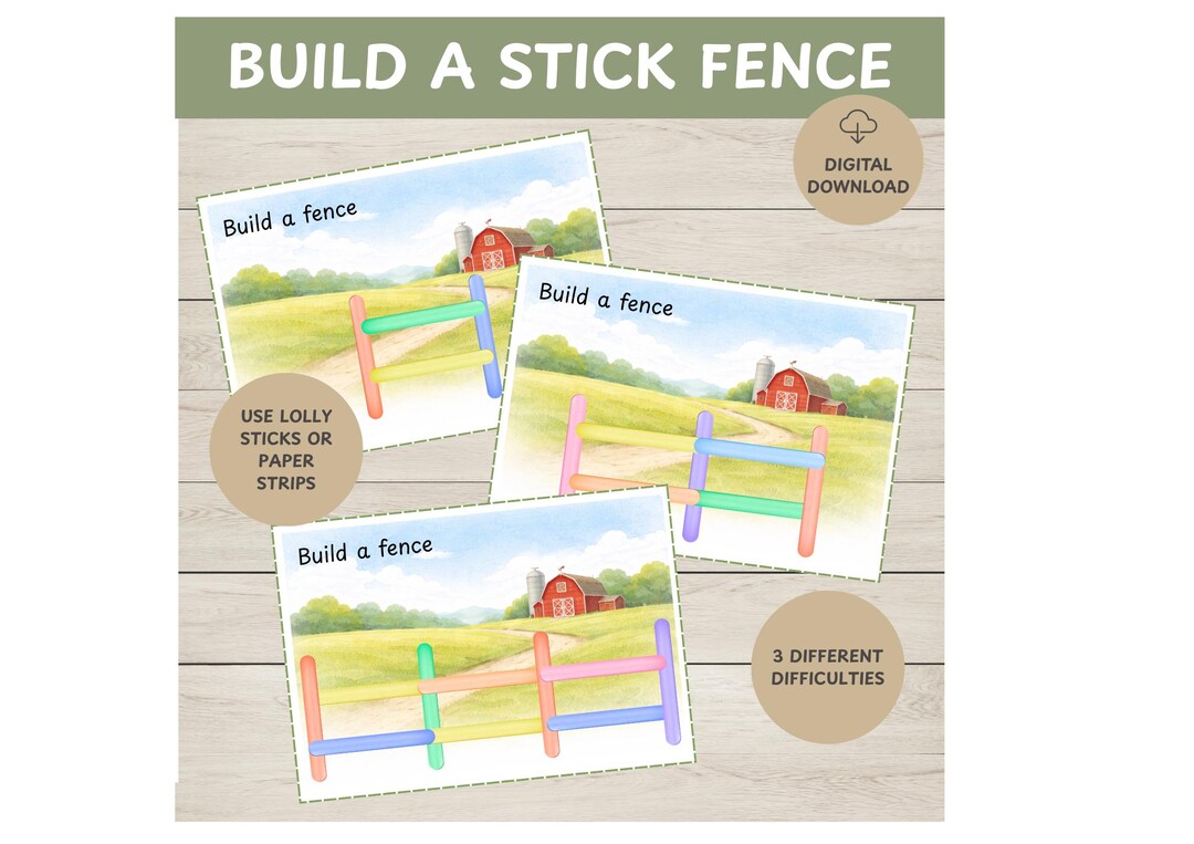 Build a Stick Fence, Montessori Fine Motor Skills Preschool Printable ...