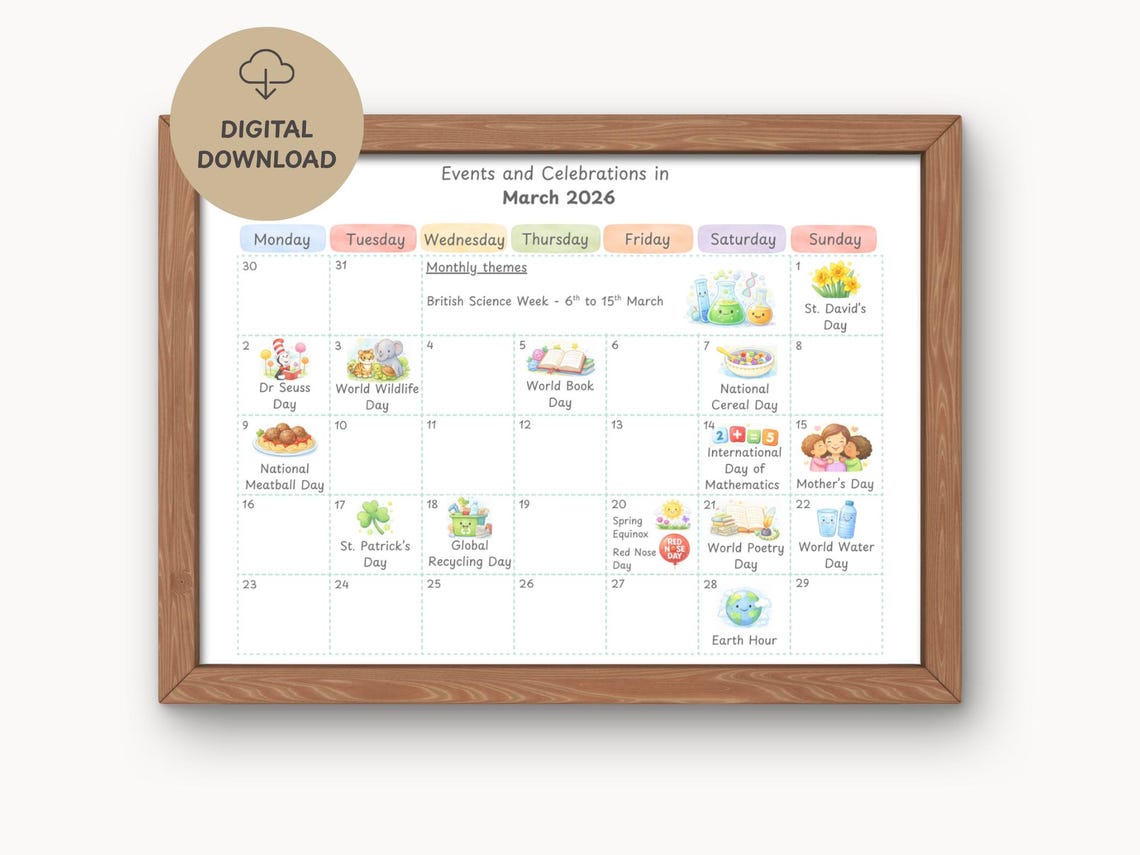 Children’s March 2026 Events Calendar | Preschool EYFS Visual Calendar ...