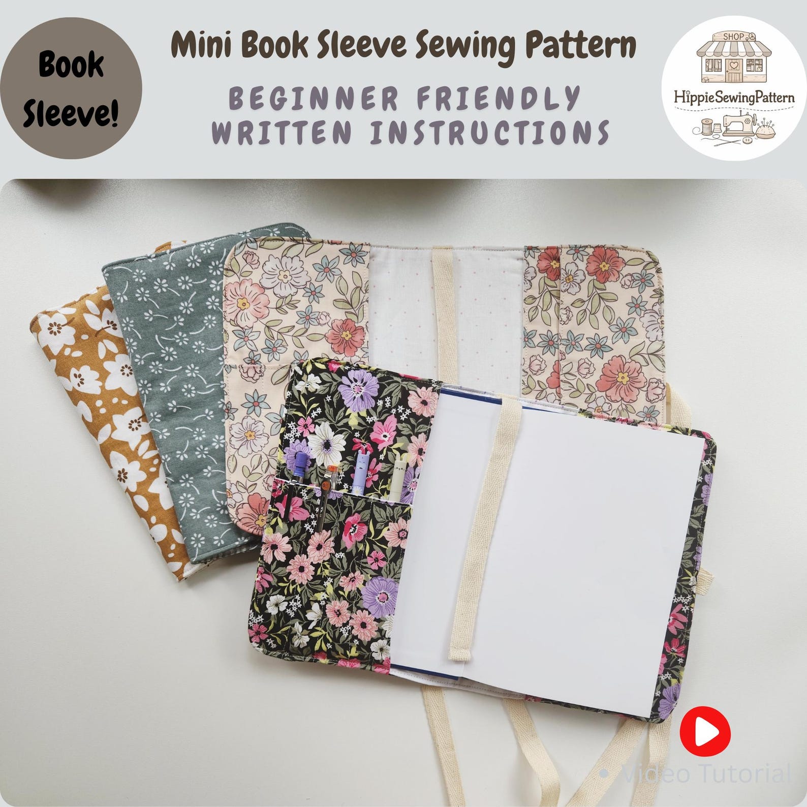 Mini Book Sleeve Sewing Pattern | Book Cover With Bookmark Strap ...