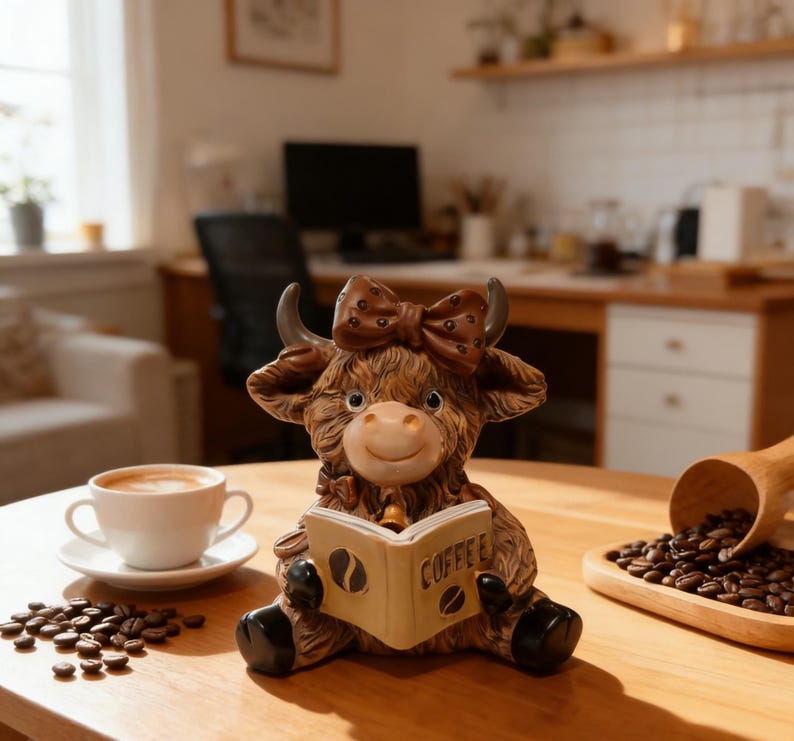 Coffee Time Highland Cow Figurine - Cozy Scottish Cow Statue ...
