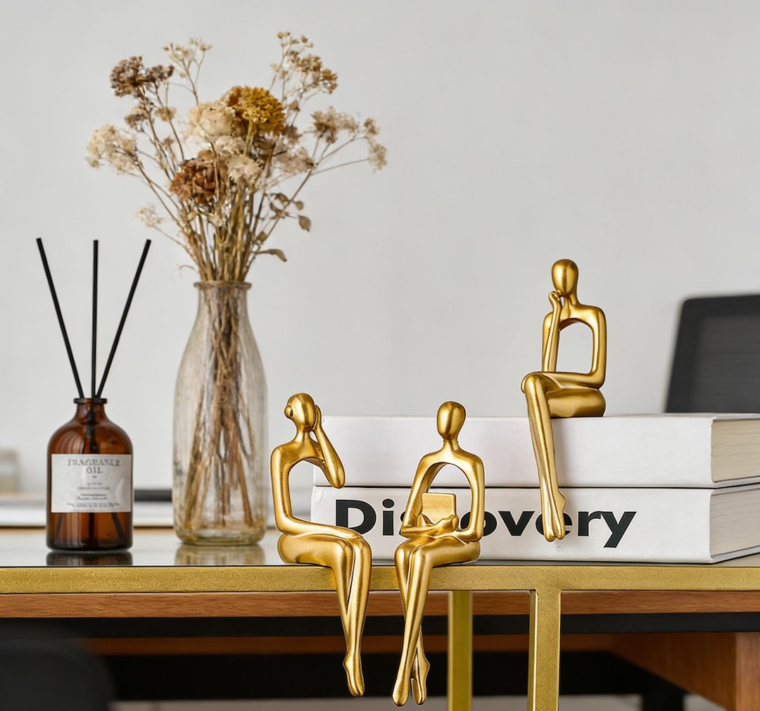Set of 3 Abstract Thinker Statues, Modern Gold Shelf Sitter Figurine ...