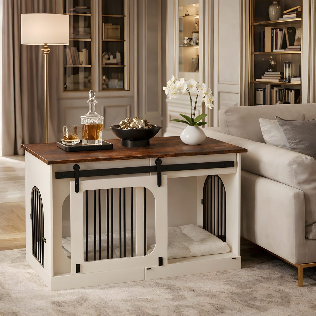 Farmhouse Dog Kennel Furniture With Cushion, White Wooden Indoor Dog ...