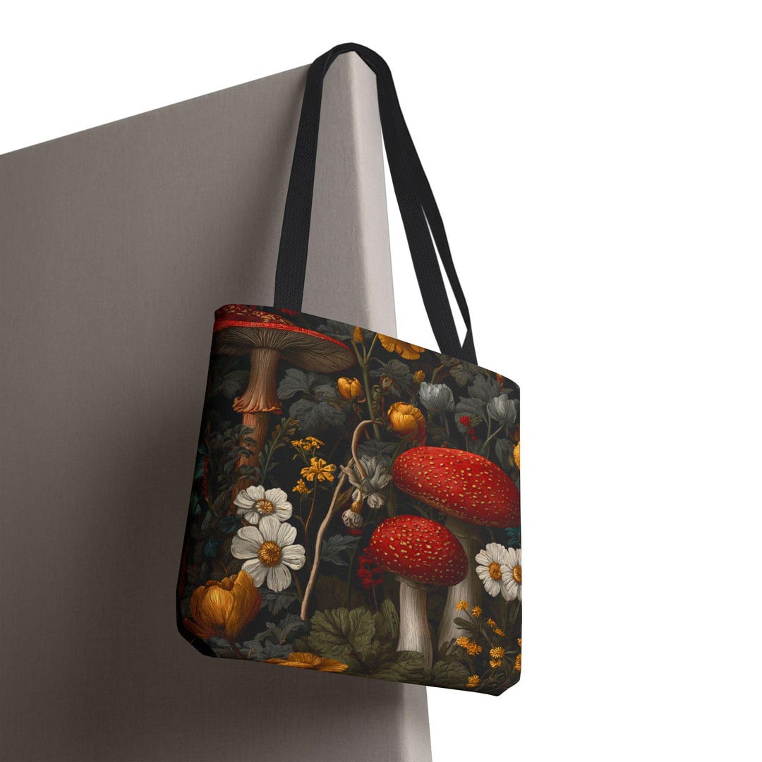 Red Toadstool Mushroom Tote Bag | Floral Botanical Print - Etsy