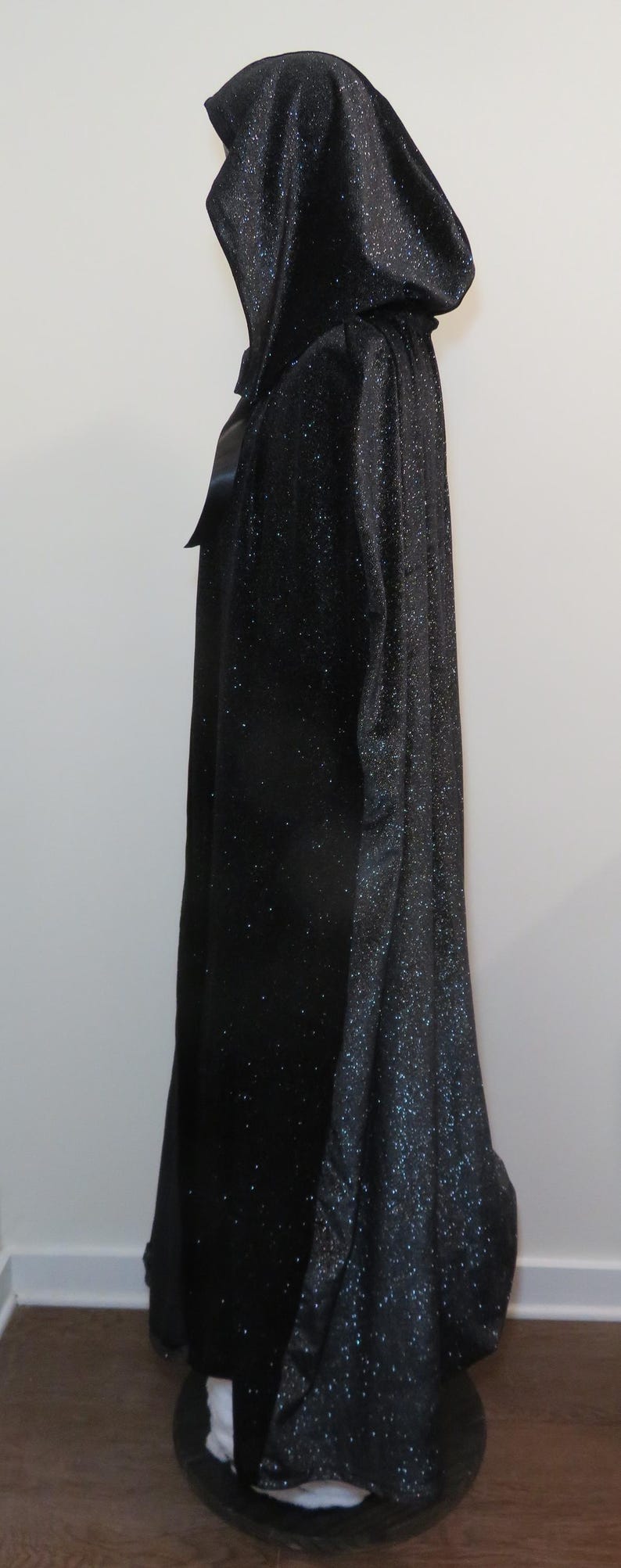 Long Sparkly Black Velvet Handmade Hooded Costume Cloak, Glitter Velvet ...